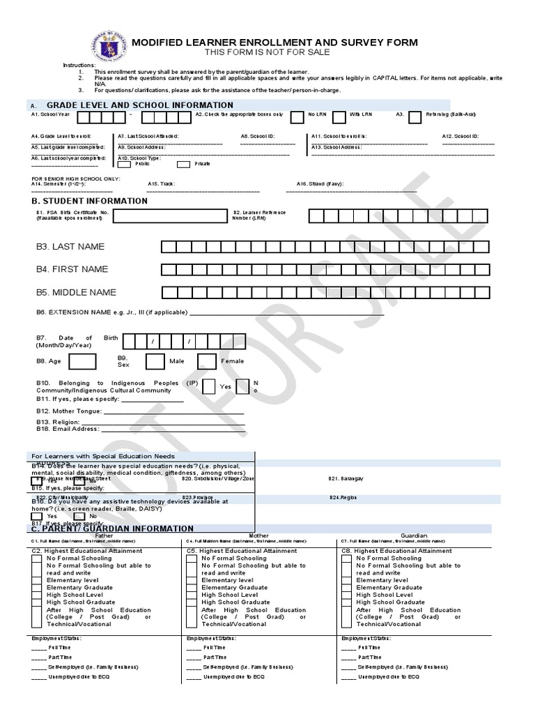 Modified Learner Enrollment and Survey Form: Grade Level and School ...
