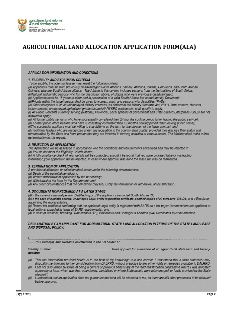 Agricultural Land Allocation Application Form (Ala) : (Type Text) | PDF ...