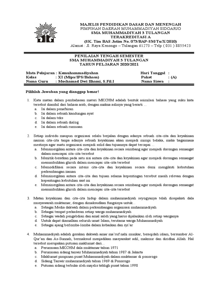 Soal PTS KMD Kls-Xi Paket (A) 2021 | PDF