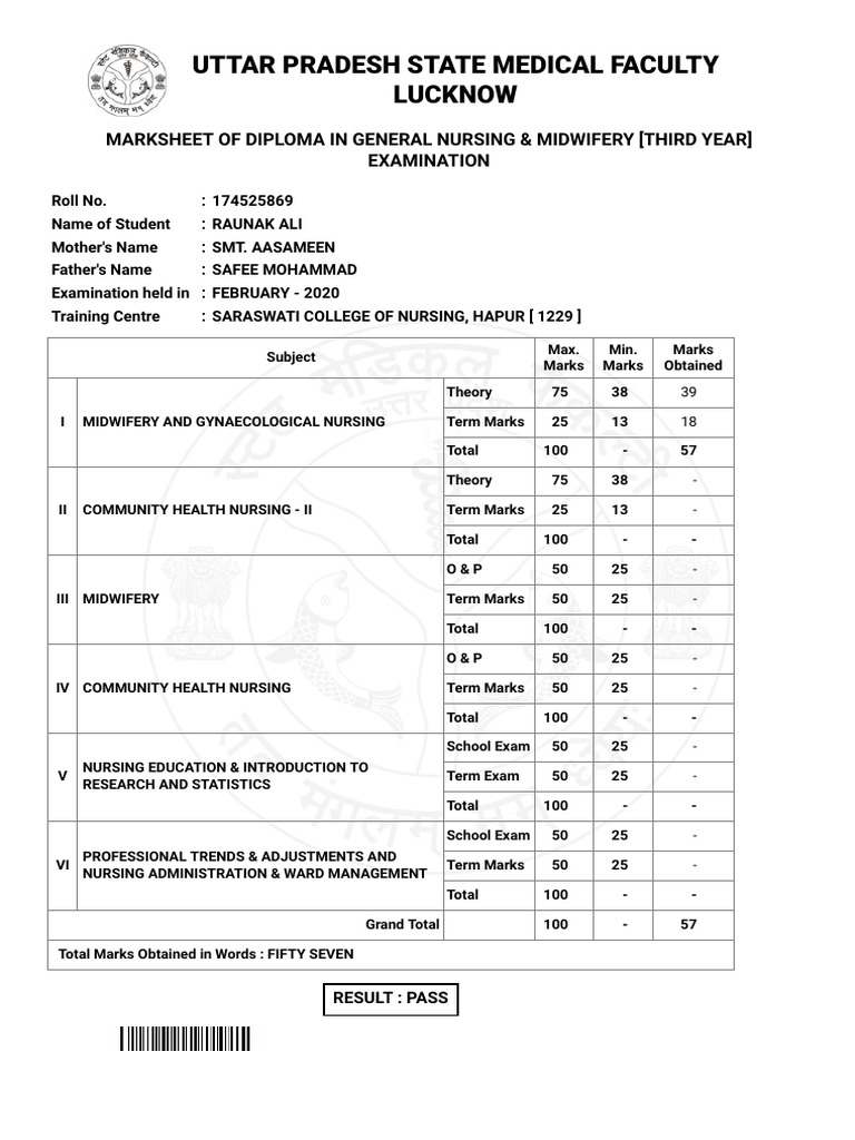 Uttar Pradesh State Medical Faculty Lucknow: Marksheet of Diploma in General Nursing & Midwifery ...