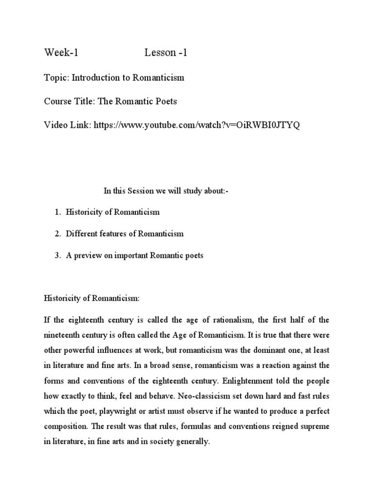 Week-1 Lesson - 1: Topic: Introduction To Romanticism Course Title: The ...