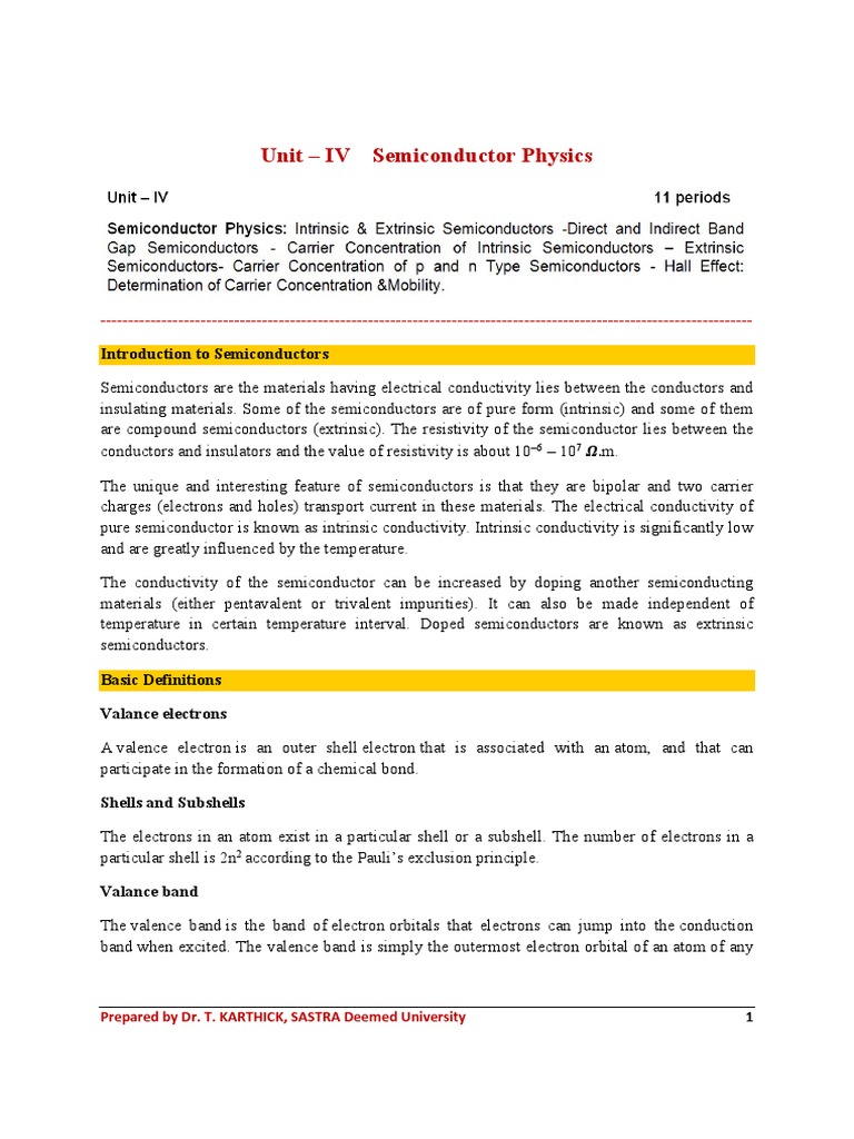 Unit - IV Semiconductor Physics: Prepared by Dr. T. KARTHICK, SASTRA Deemed University | PDF ...