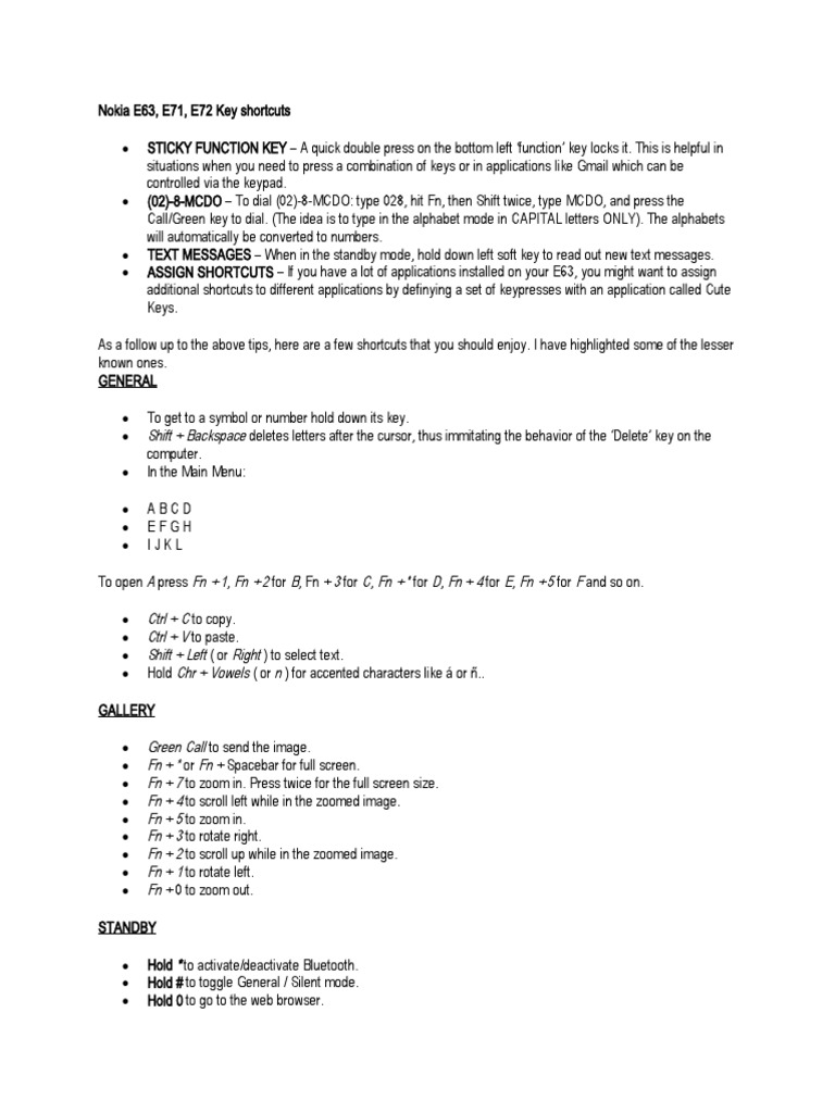 Nokia E63, E71, E72 Key Shortcuts | PDF | Computing | Computer Architecture