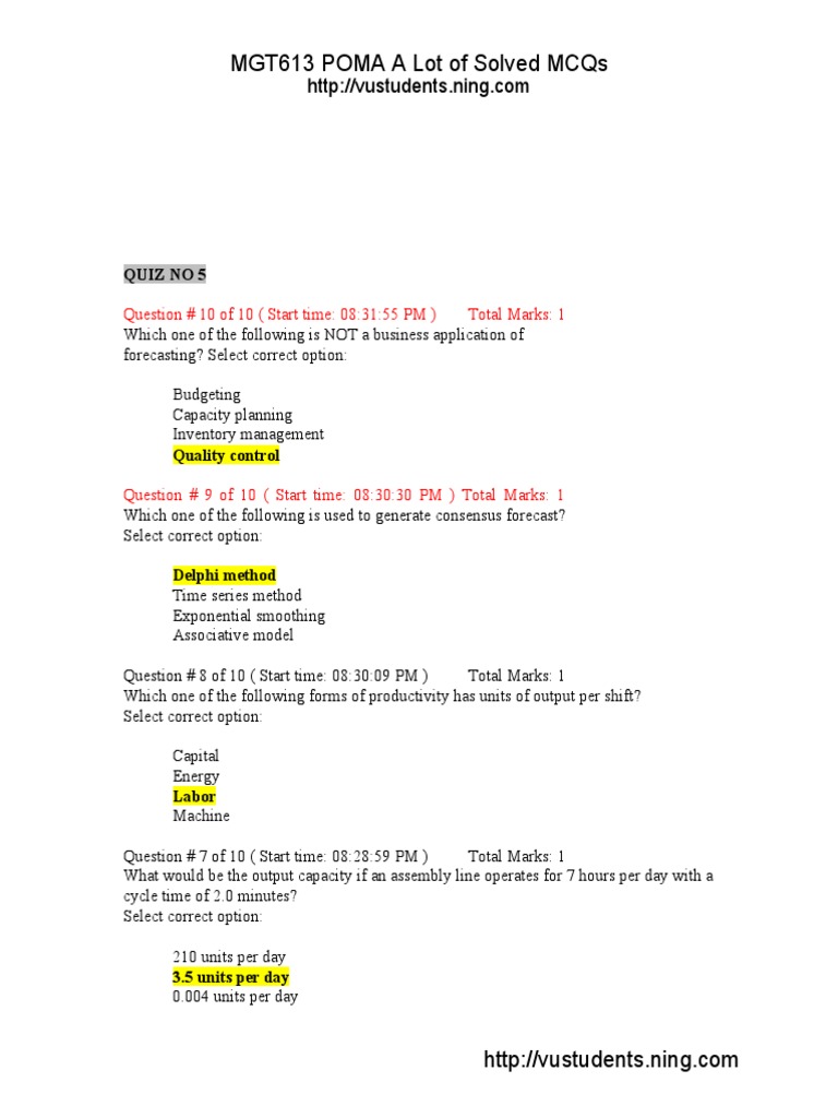 Production Operations Management MCQs Solved PDF | PDF | Forecasting | Reliability Engineering