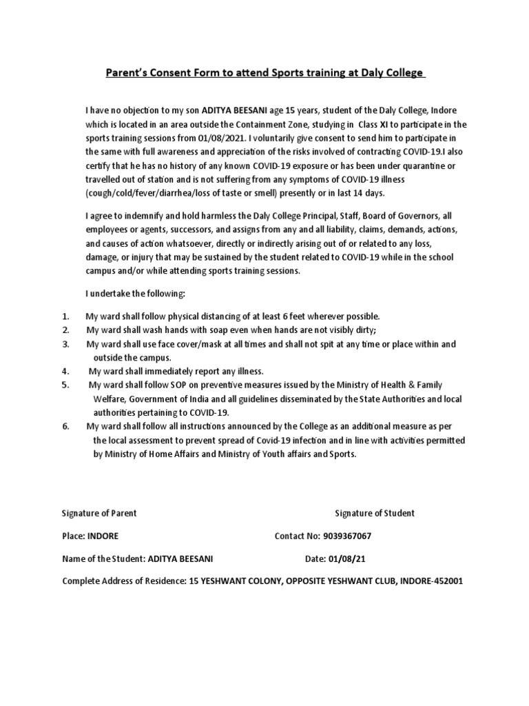 Parent's Consent Form To Attend Sports Training at Daly College | PDF