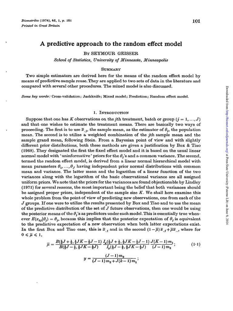 A Predictive Approach To The Random Effect Model | PDF | Variance ...