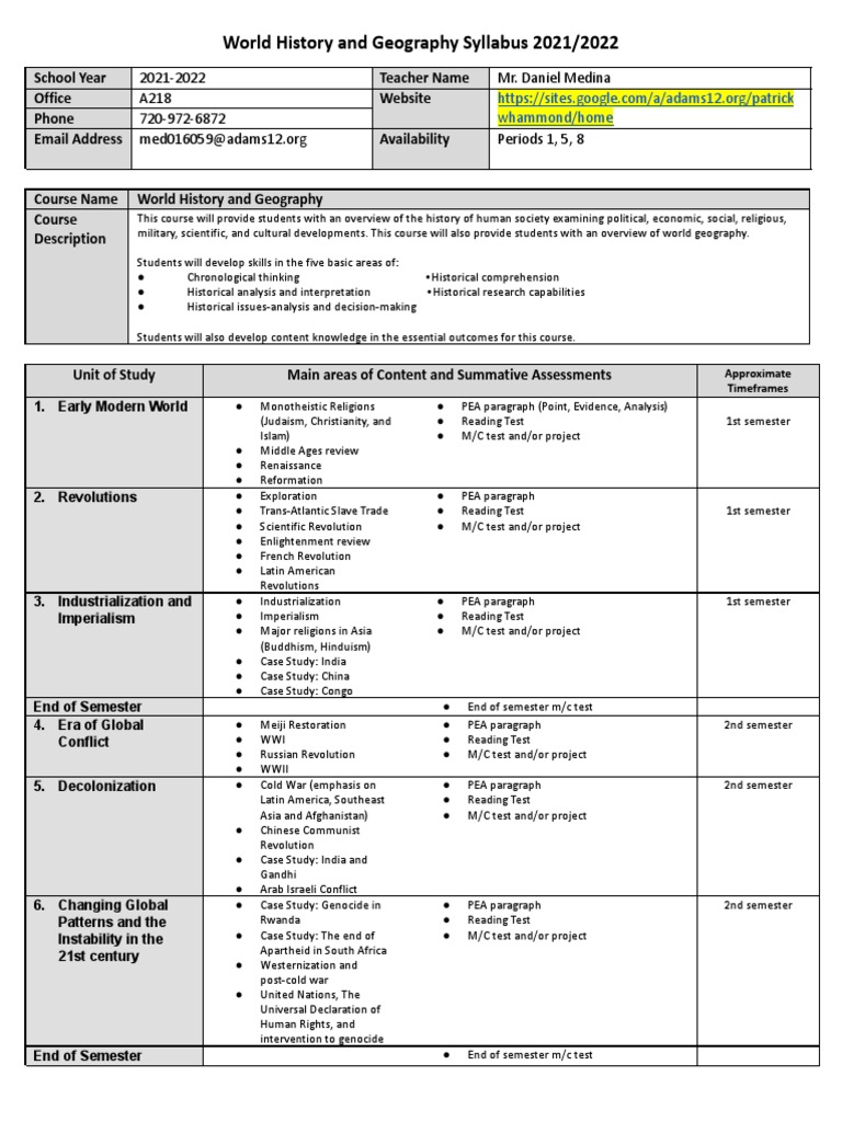 2021-2022 World History Syllabus-Medina | PDF | Educational Assessment ...