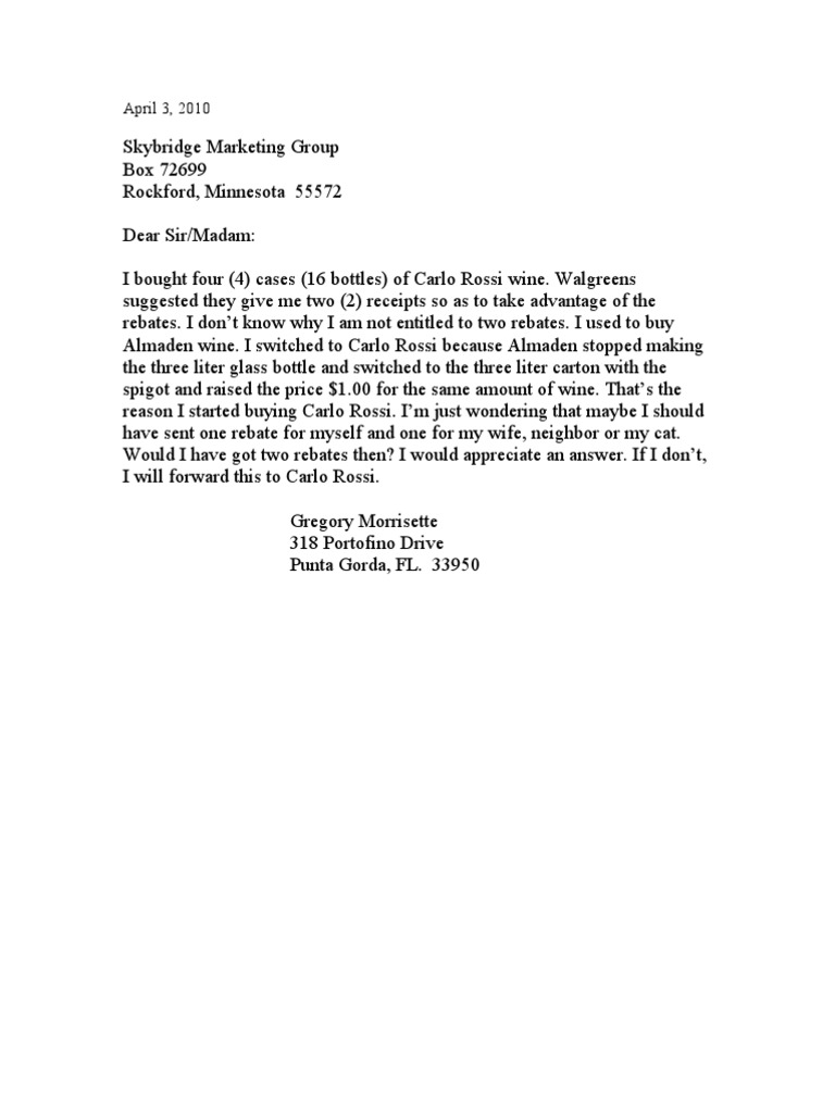 Inquiry About Carlo Rossi Wine Rebates | PDF | Cooking, Food & Wine