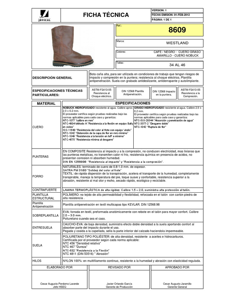 Ficha Técnica Botas Dieléctricas WESTLAND 8609 DASEGUR | PDF | Materiales | Química