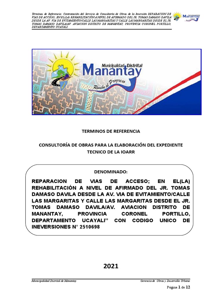 TDR Tramo Jr. Tomas Davila Desde Via de Evitamiento - Calle Las ...