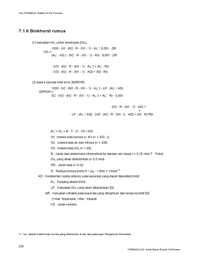 7.1.6 Binkhorst Rumus: IOL FORMULA: Outline of IOL Formula | PDF ...