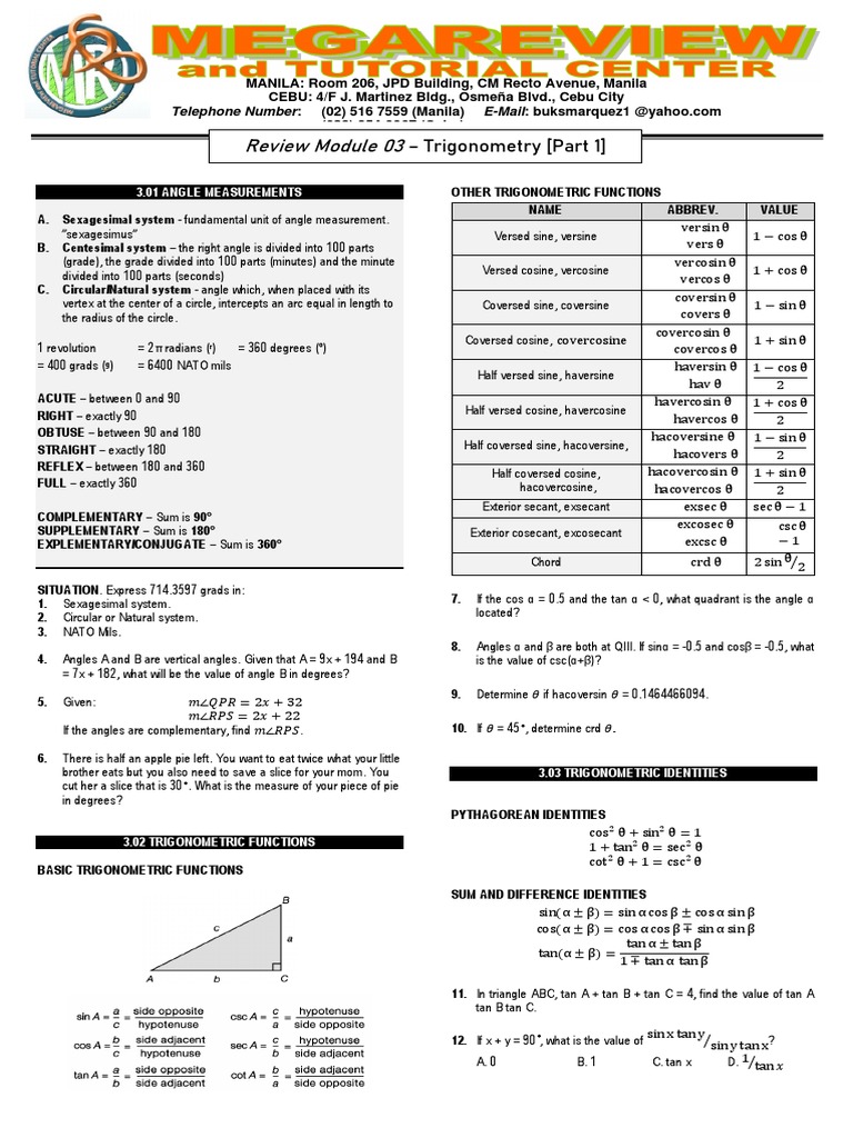 Review Module 03: - Trigonometry (Part 1) | PDF | Trigonometric ...