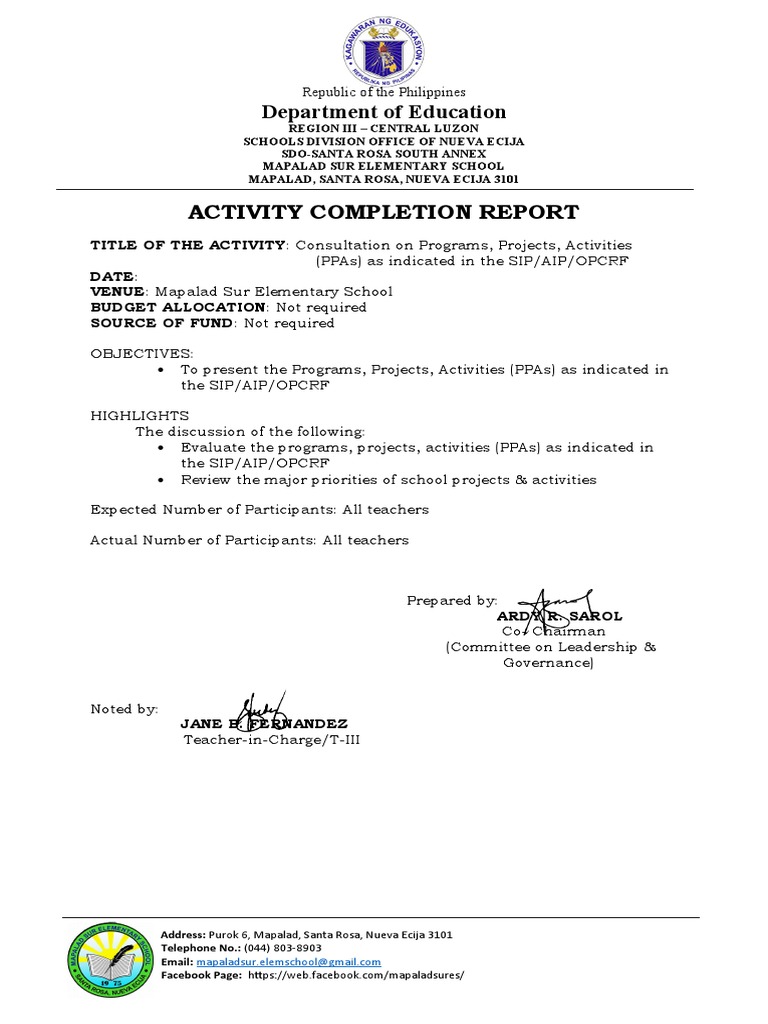 Activity Completion Report PPAs | PDF