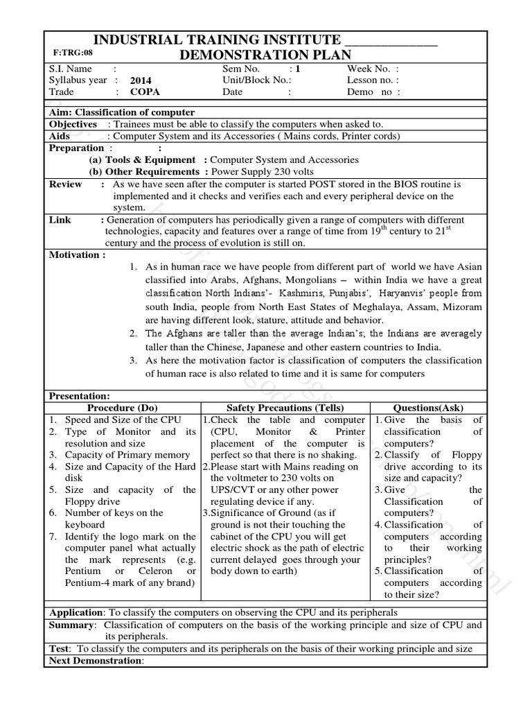 P R Gangoda: Industrial Training Institute - Demonstration Plan | PDF ...