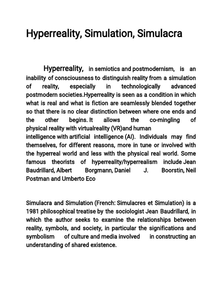 Hyperreality, Simulation, Simulacrum | PDF
