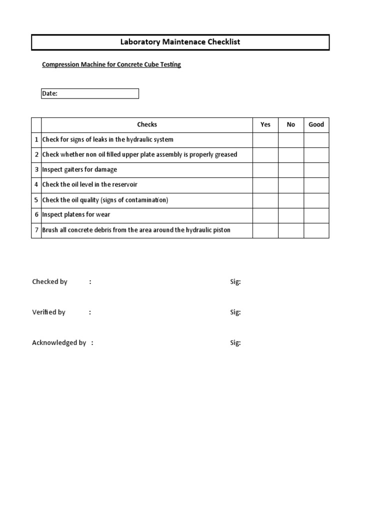 Laboratory Maintenace Checklist: Compression Machine For Concrete Cube ...