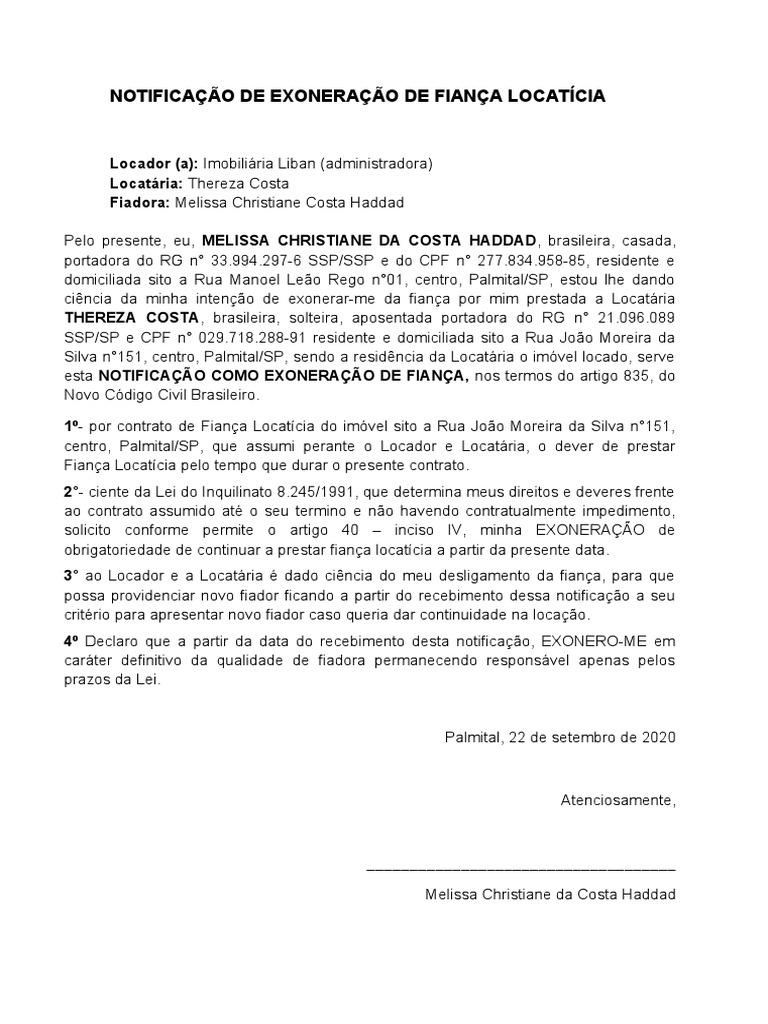 Notificação Exoneração de Fiança | PDF Notificação Exoneração de Fiança | PDF
