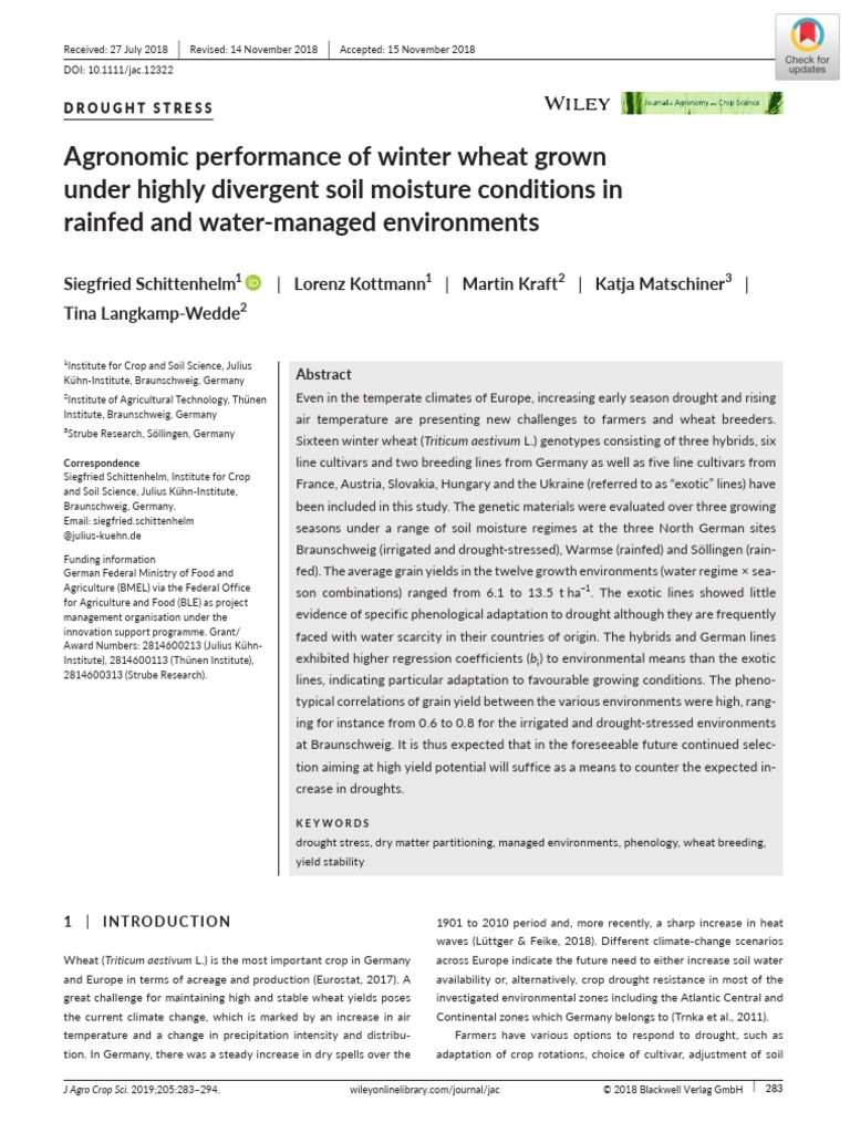 Agronomic Performance of Winter Wheat Grown Under Highly Divergent Soil Moisture Conditions in ...