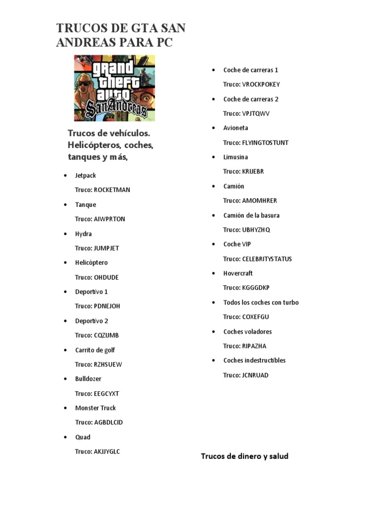 Trucos de GTA San Andreas para PC | PDF