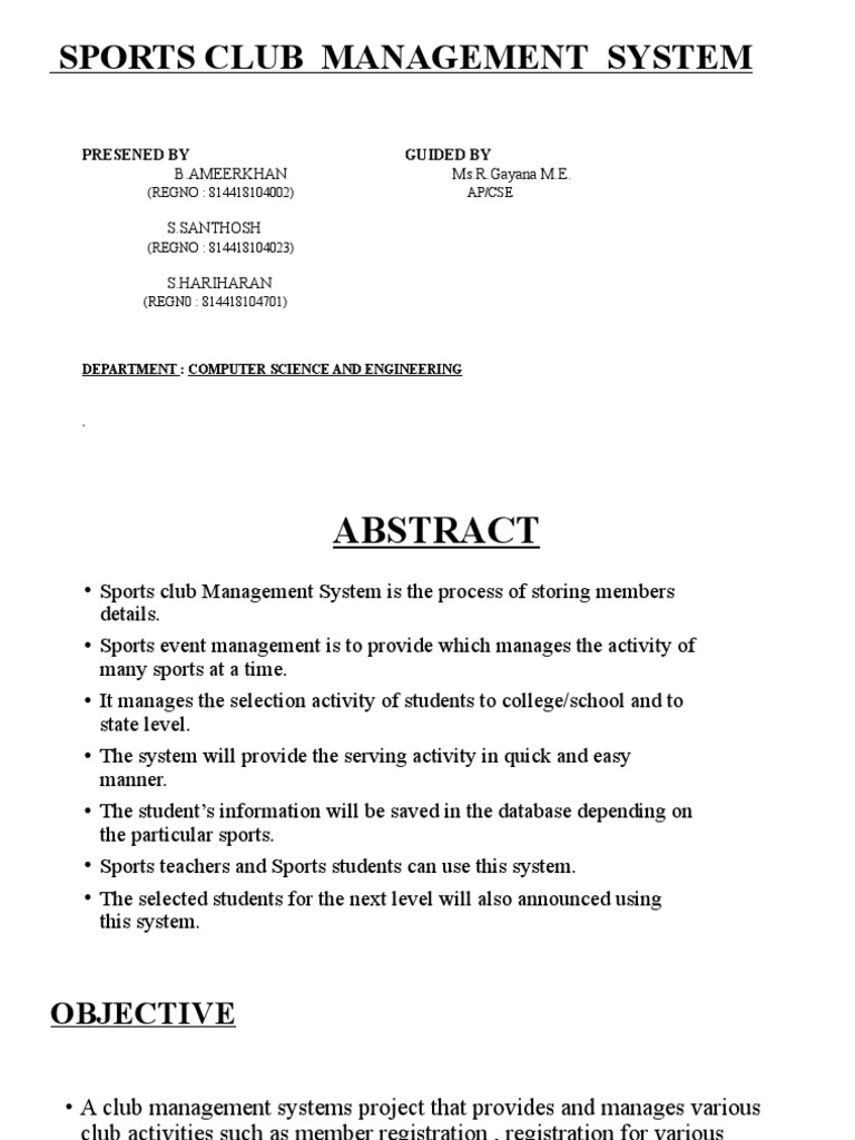 Sports Club Management System: Presened by Guided by | PDF | Databases ...