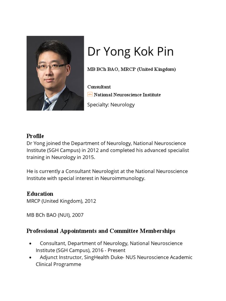 Dr Yong Kok Pin, Consultant Neurologist at National Neuroscience ...