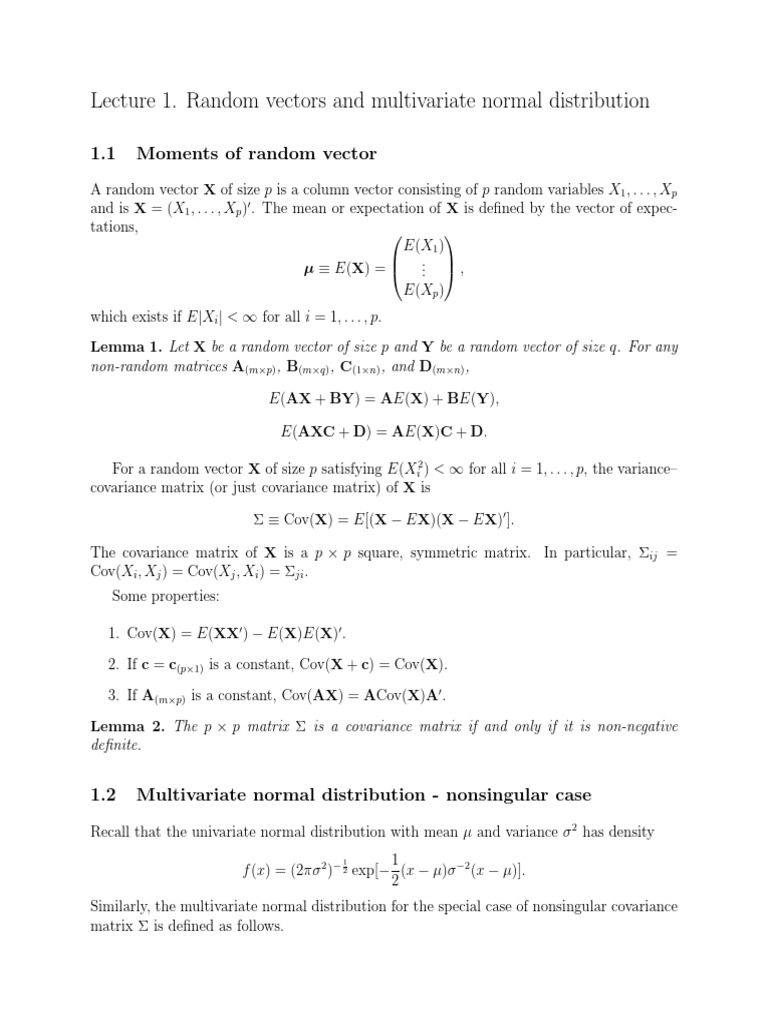 Random Vectors And Multivariate Normal Distribution Pdf Statistics