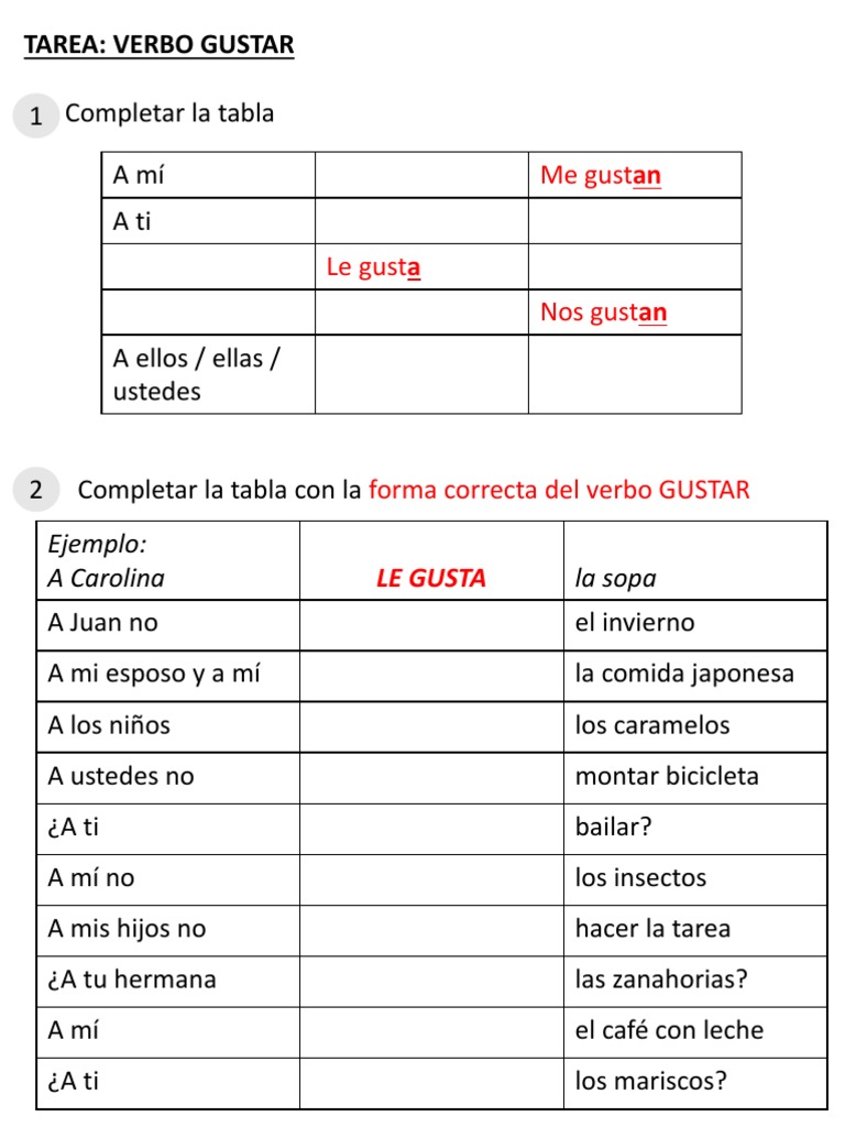 Hoja De Trabajo De Verbos Como Gustar Miércoles 20 De Abril Mis