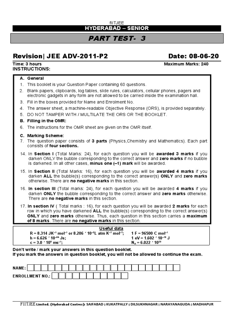 Part Test - 3 (Senior) Question Paper 2011-P2 8-6-2020-F | PDF ...