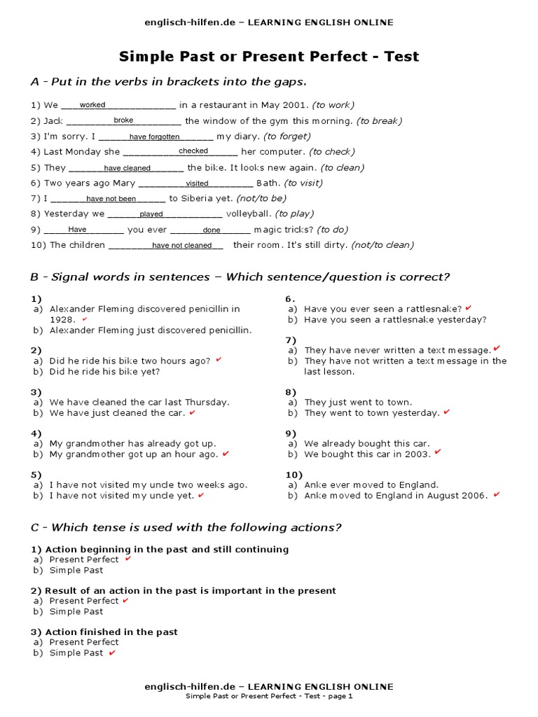 Simple Past or Present Perfect - Test: A - Put in The Verbs in Brackets ...