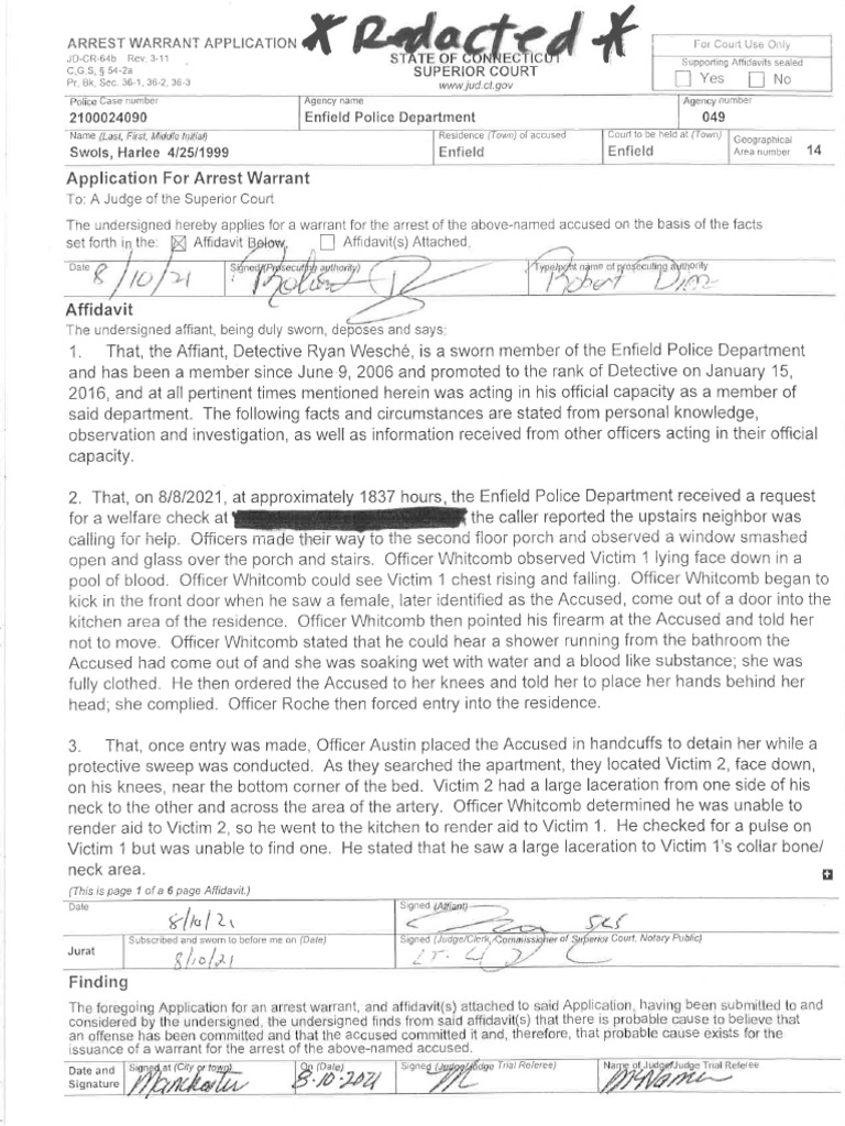 Harlee Swols Arrest Warrant Affidavit | PDF | Restraining Order | Arrest