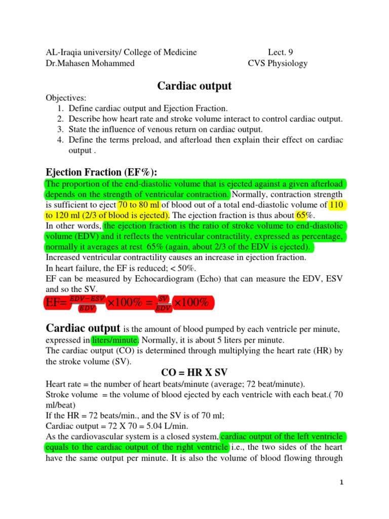 Cardiac Output: Ejection Fraction (EF%) | PDF | Heart | Ejection Fraction