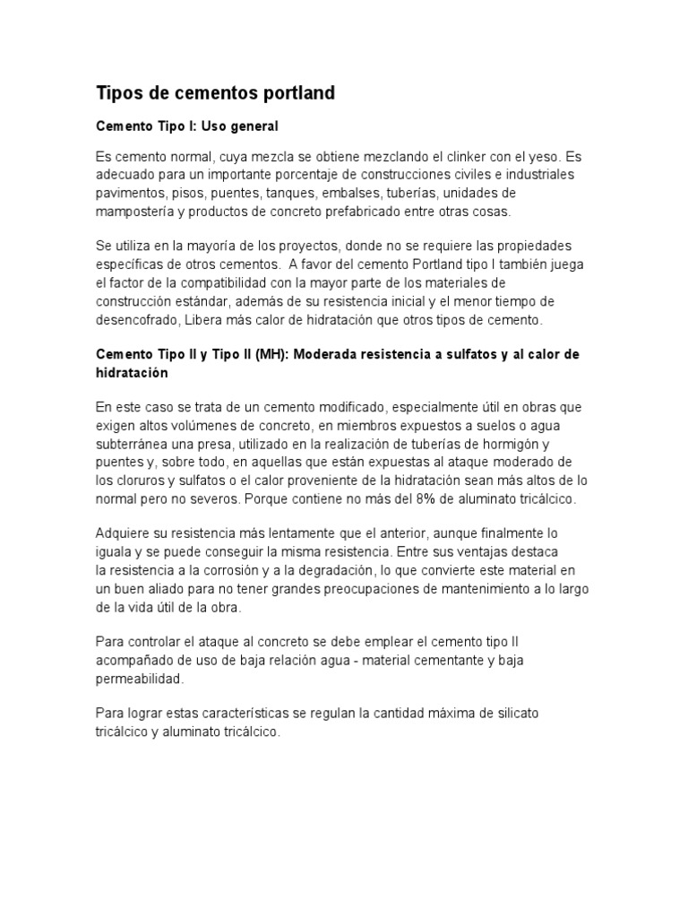 Tipos de Cementos Portland | PDF | Cemento | Hormigón