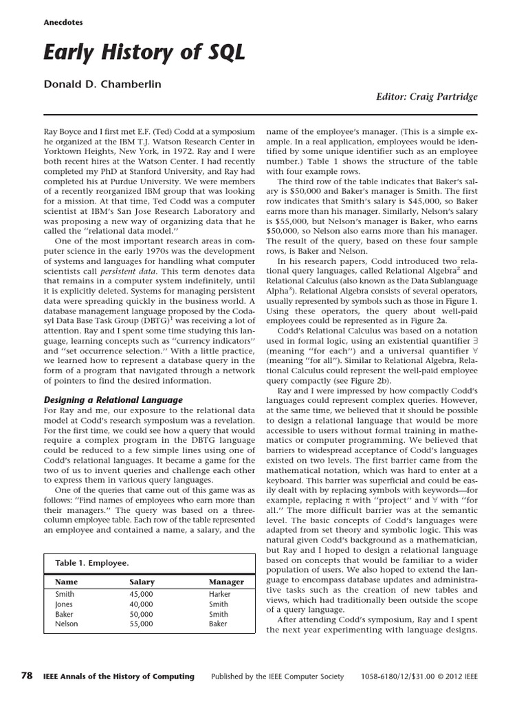 Early History of SQL: Donald D. Chamberlin | PDF | Sql | Relational Model