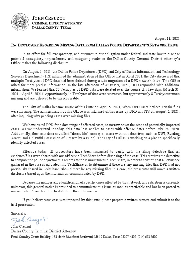 Memo Re DPD Data Loss | PDF | Prosecutor | Discovery (Law)