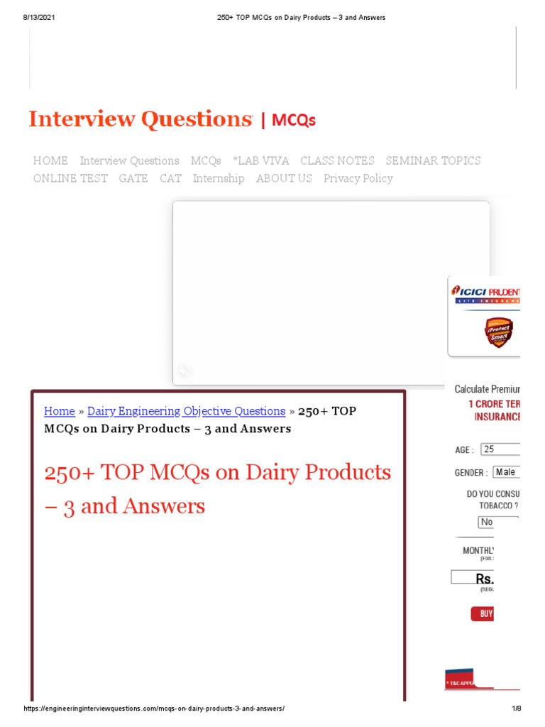 Dairy Products MCQs for Exams | PDF | Milk | Dairy