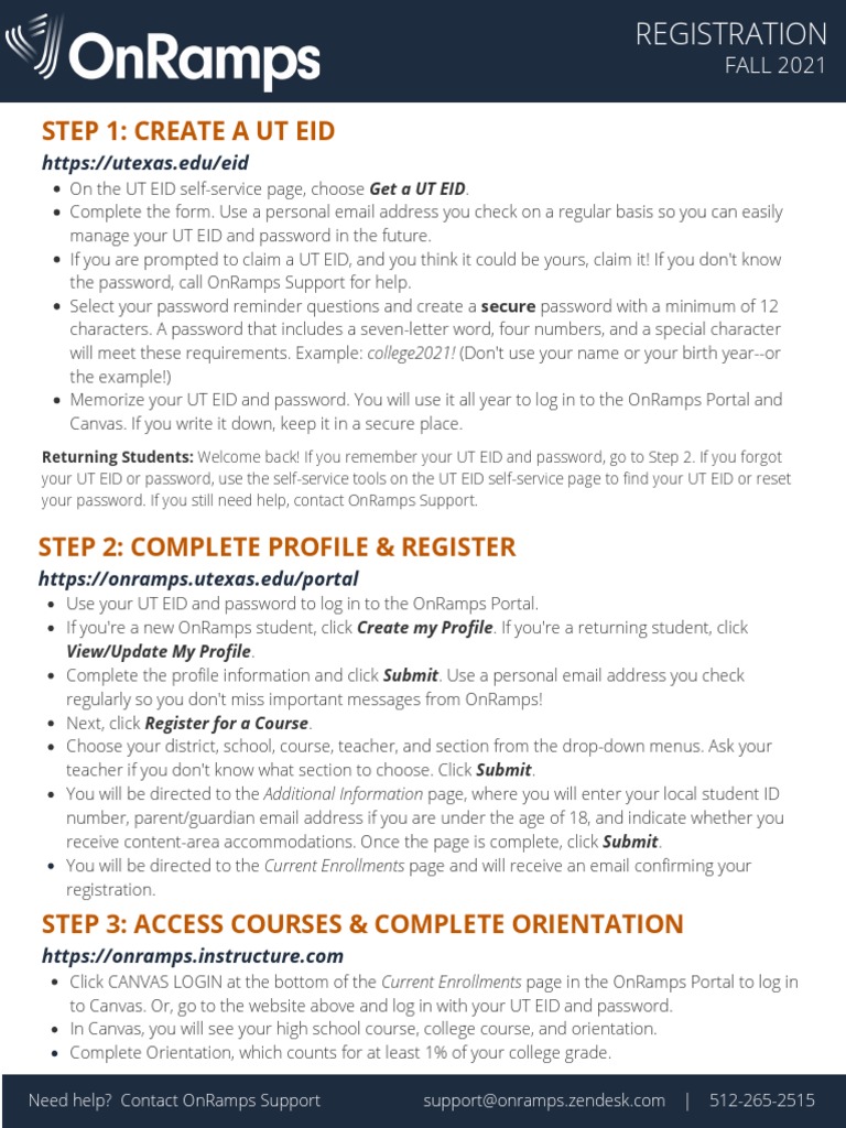 21-22 Onramps Student Registration Instructions | PDF | Password | Login