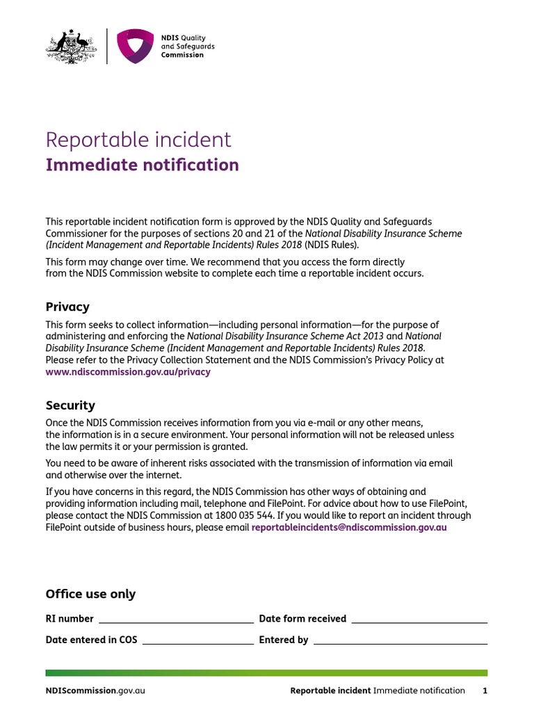 NDIS Reportable Incident Form - Immediate | PDF | Disability | Risk