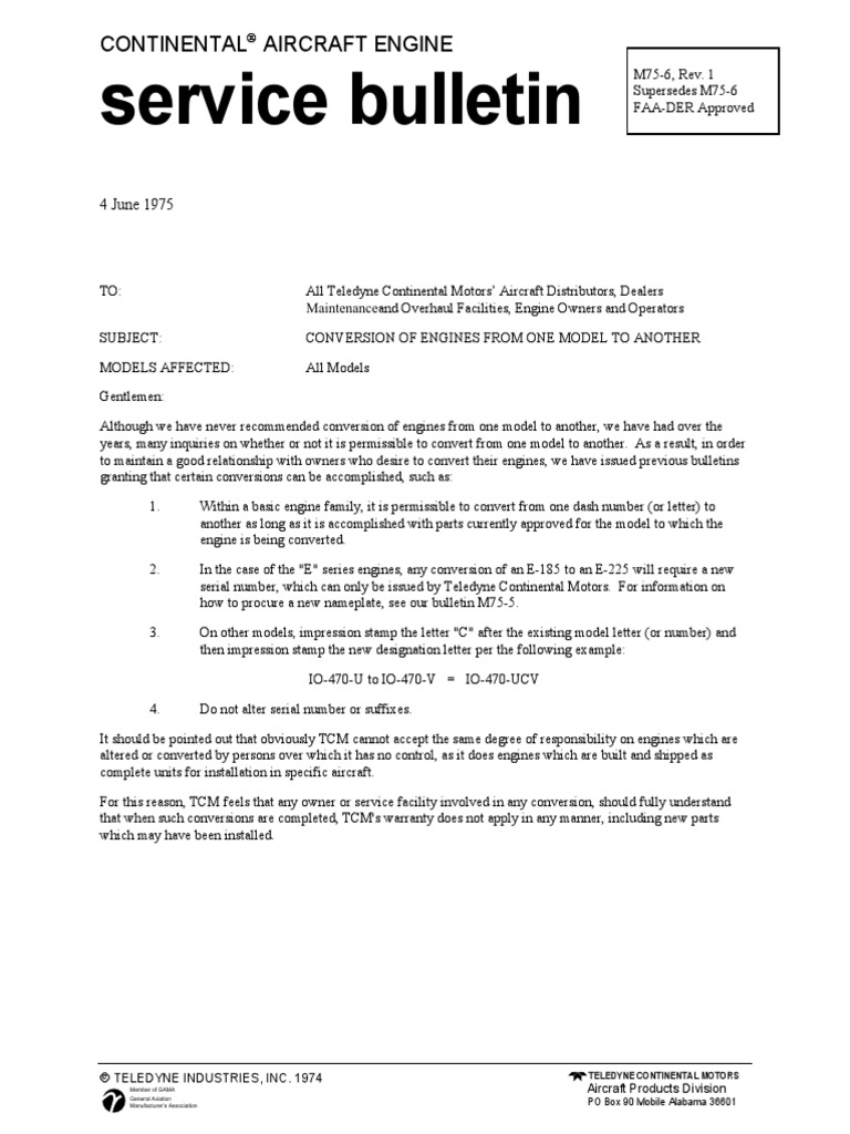 Service Bulletin: Continental Aircraft Engine | PDF | Engines | Transport