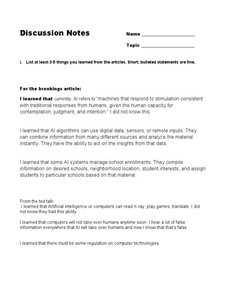 Discussion Notes Template | PDF | Artificial Intelligence ...