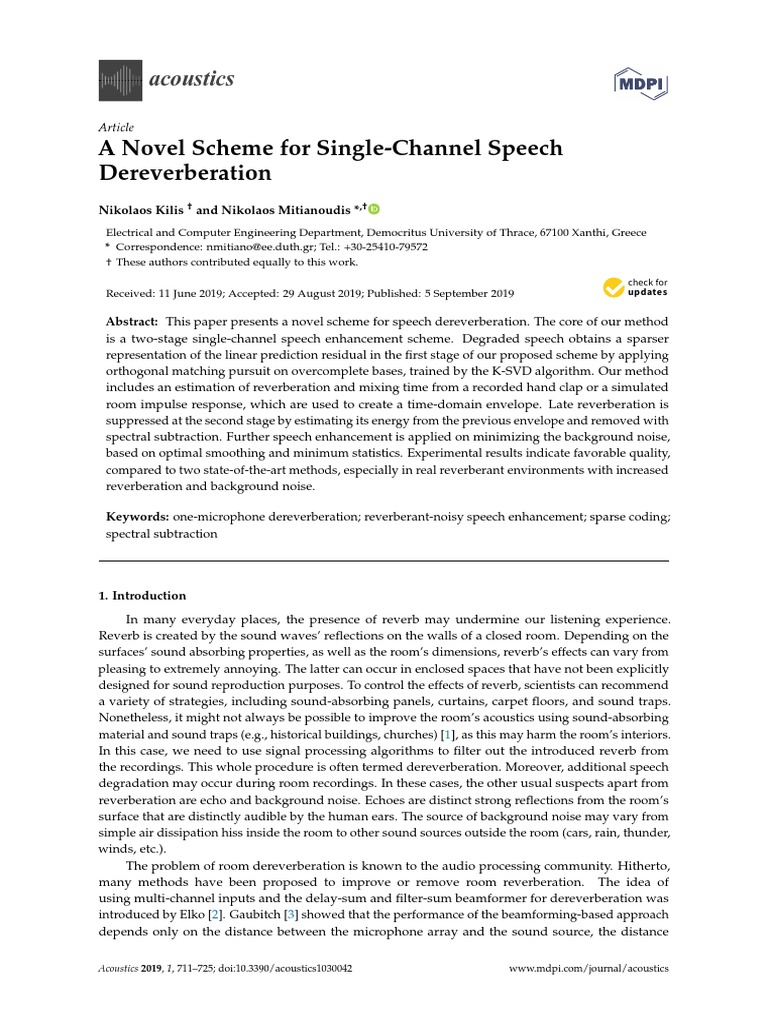 A Novel Scheme For Single-Channel Speech Dereverberation: Acoustics | PDF | Telecommunications ...