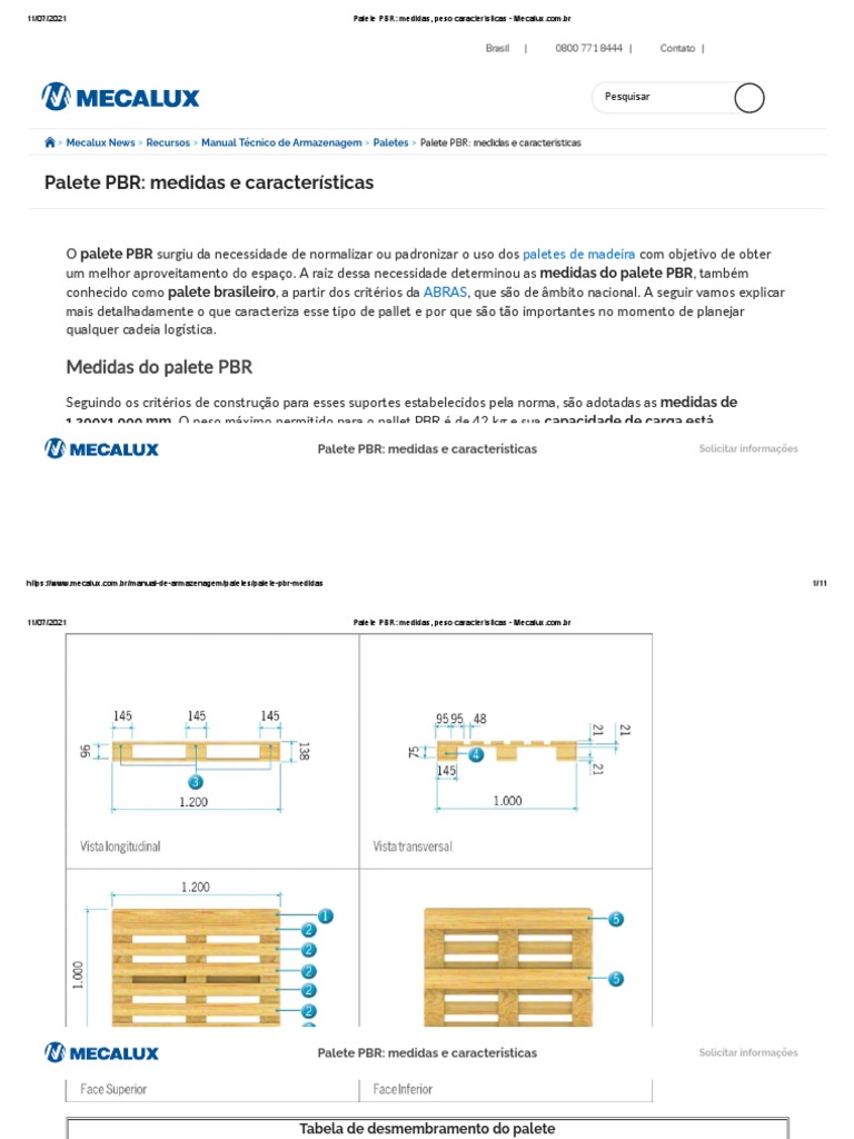 Palete PBR - Medidas, Peso Características | PDF | Paleta | Armazém
