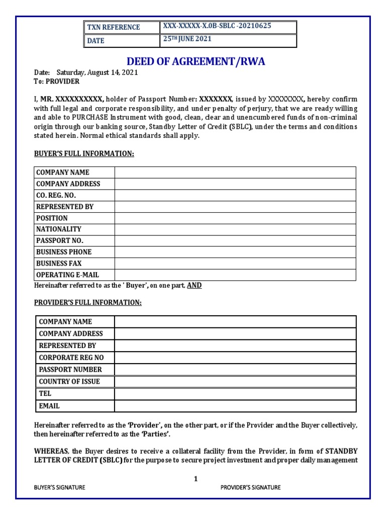 SBLC Purchase Agreement Template | PDF | Letter Of Credit | Banks