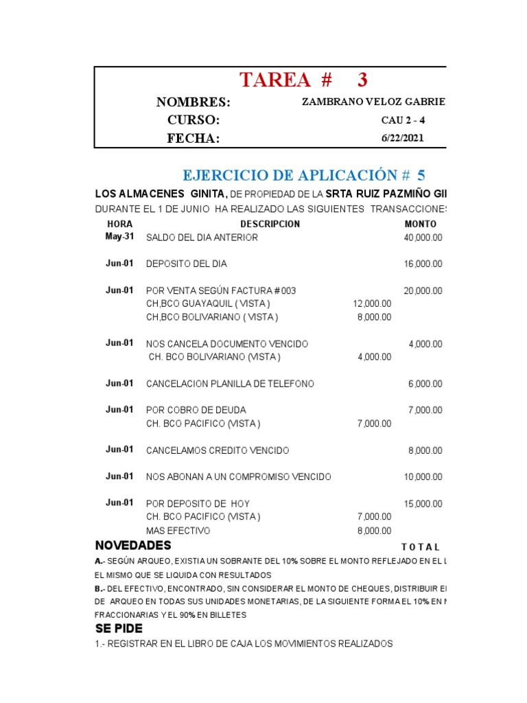 Tarea # 3 Ejercicios de Caja General | PDF | Cheque | Contabilidad