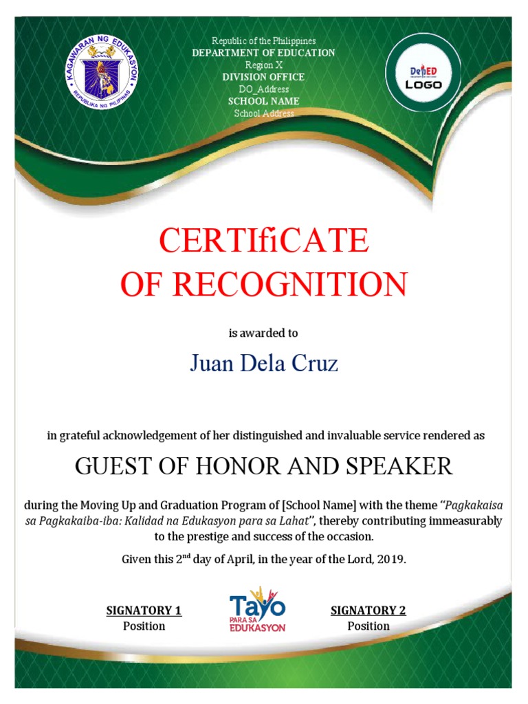 Certificate of Recognition For Guest of Honor and Speaker Template 5 | PDF