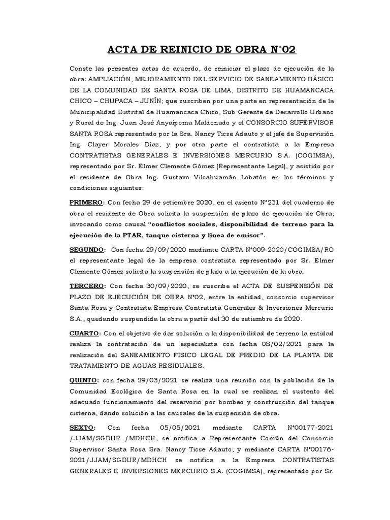 Modelo de Acta de Reinicio de Obra | PDF