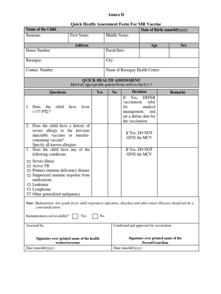 Annex D Quick Health Assessment Form - MR Vaccine | Download Free PDF ...