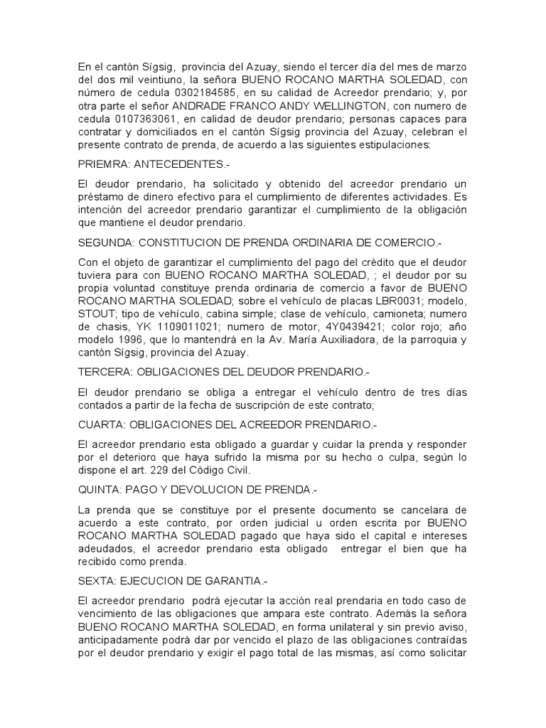 Contrato de Prenda Comercial Ordinaria | PDF | Pagos | Ley común