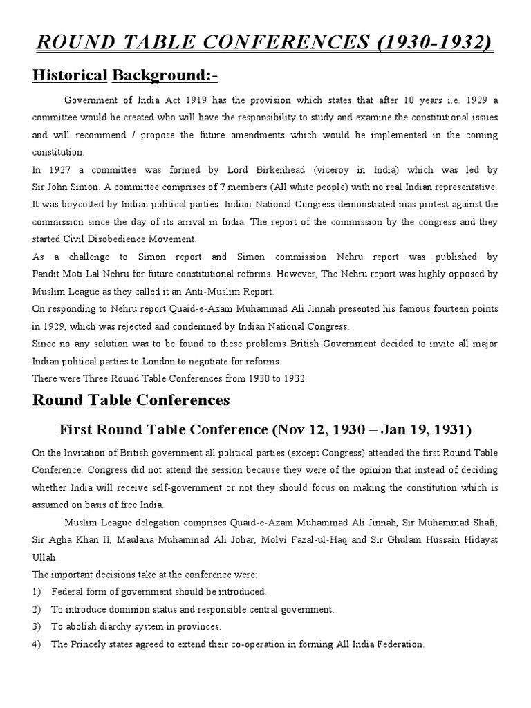 Round Table Conferences (1930-1932) : Historical Background | PDF ...