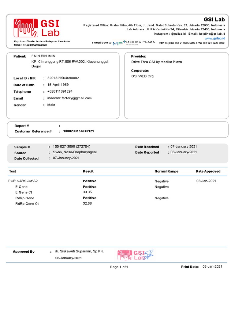 Hasil PCR GSI Lab Enin Bin Imin 07 January 2021 | PDF