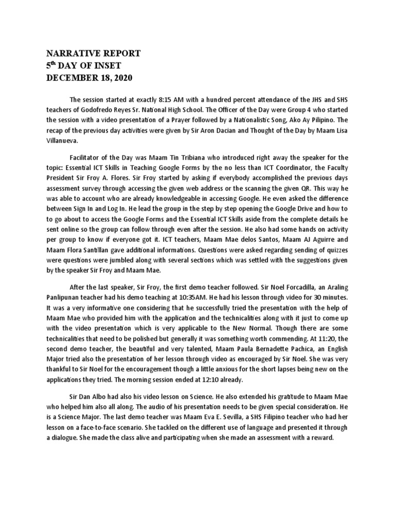 Narrative Report 5 Day of Inset DECEMBER 18, 2020 | PDF | Communication ...